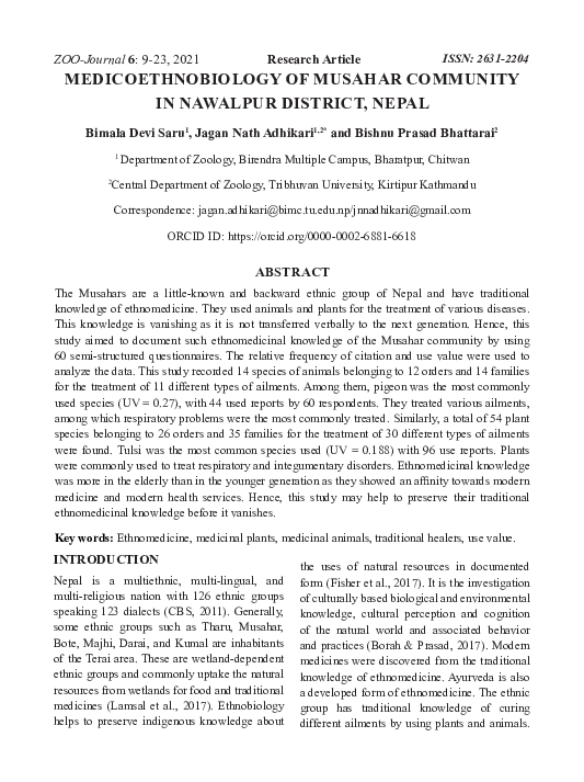 (PDF) Medicoethnobiology of Musahar Community in Nawalpur District, Nepal