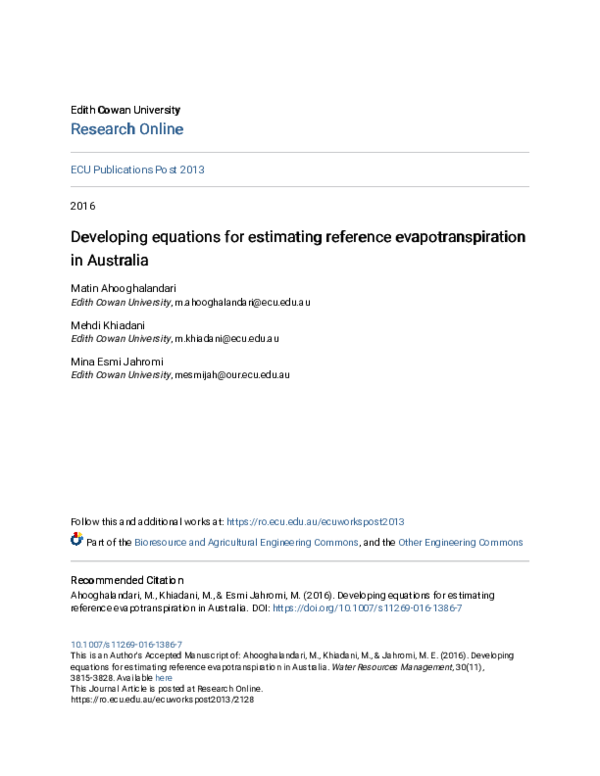 Pdf Developing Equations For Estimating Reference Evapotranspiration In Australia