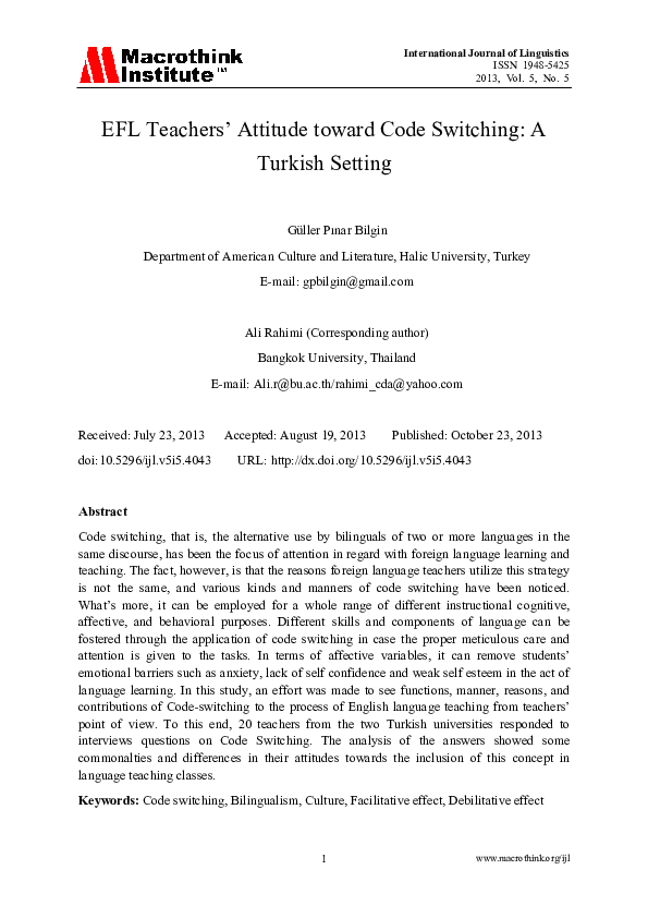 (PDF) EFL Teachers’ Attitude toward Code Switching: A Turkish Setting
