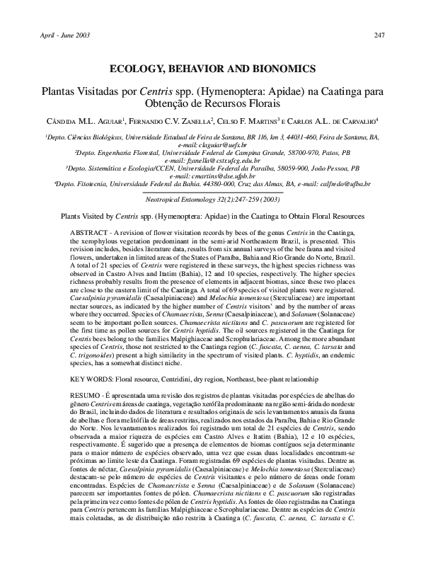 (PDF) ECOLOGY, BEHAVIOR AND BIONOMICS Plantas Visitadas por Centris spp ...
