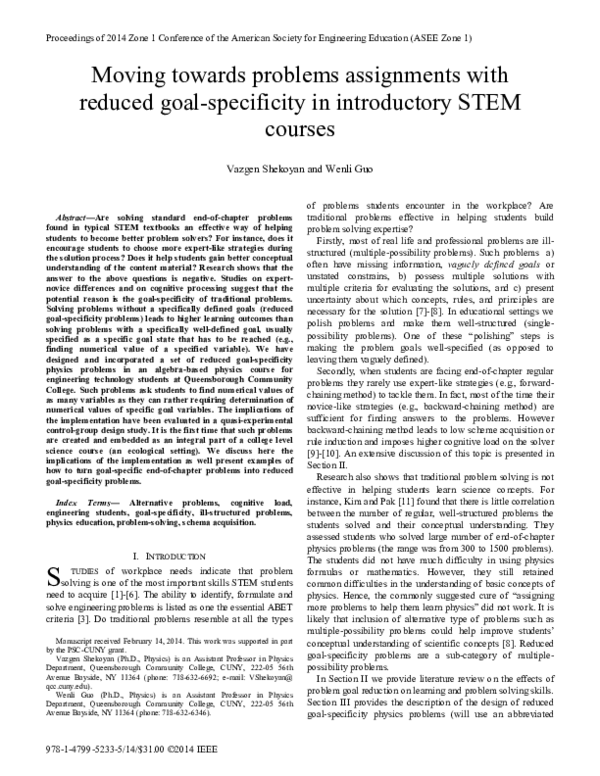 (PDF) Moving towards problems assignments with reduced goal-specificity in introductory STEM courses