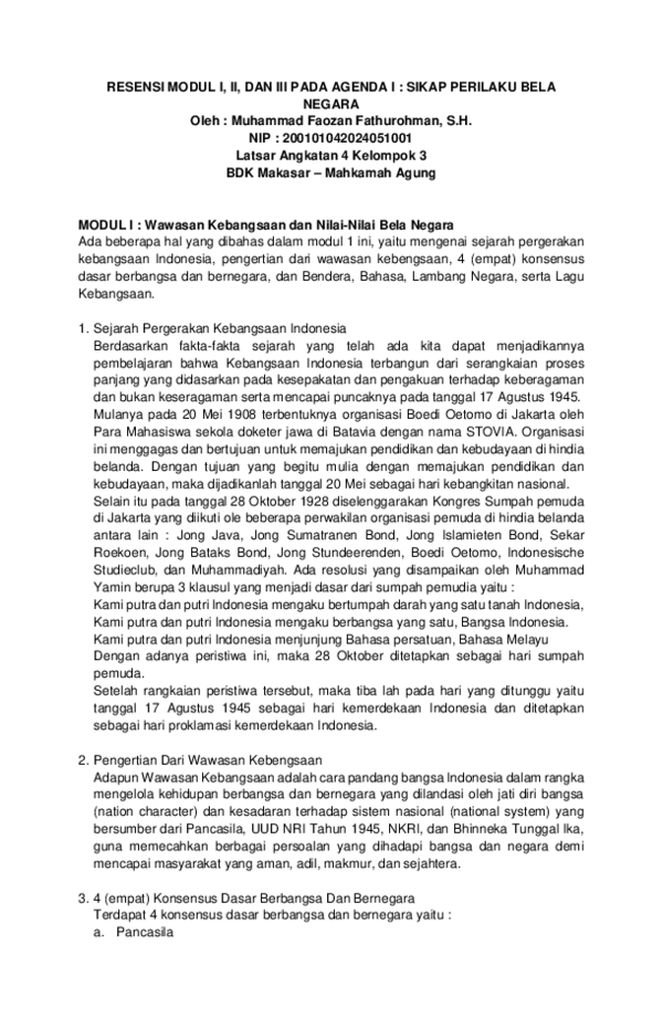 (PDF) RESENSI MODUL I, II, DAN III PADA AGENDA I : SIKAP PERILAKU BELA NEGARA