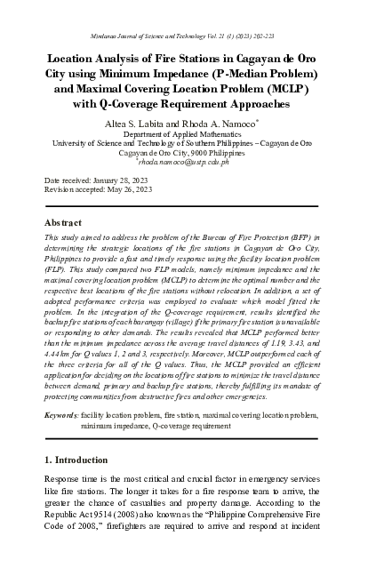 (PDF) Location Analysis of Fire Stations in Cagayan de Oro City using Minimum Impedance (P ...