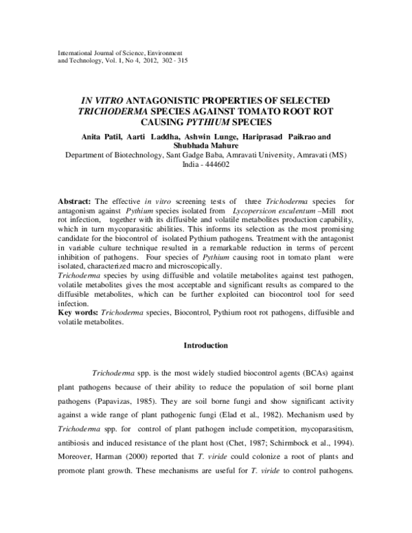 (PDF) In Vitro Antagonistic Properties of Selected Trichoderma Species Against Tomato Root Rot ...