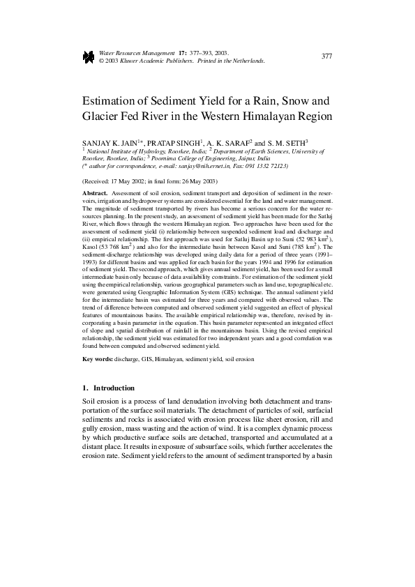 (PDF) Estimation of Sediment Yield for a Rain, Snow and Glacier Fed ...