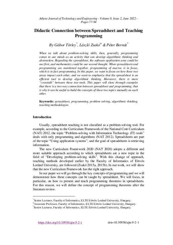 (PDF) Didactic Connection between Spreadsheet and Teaching Programming