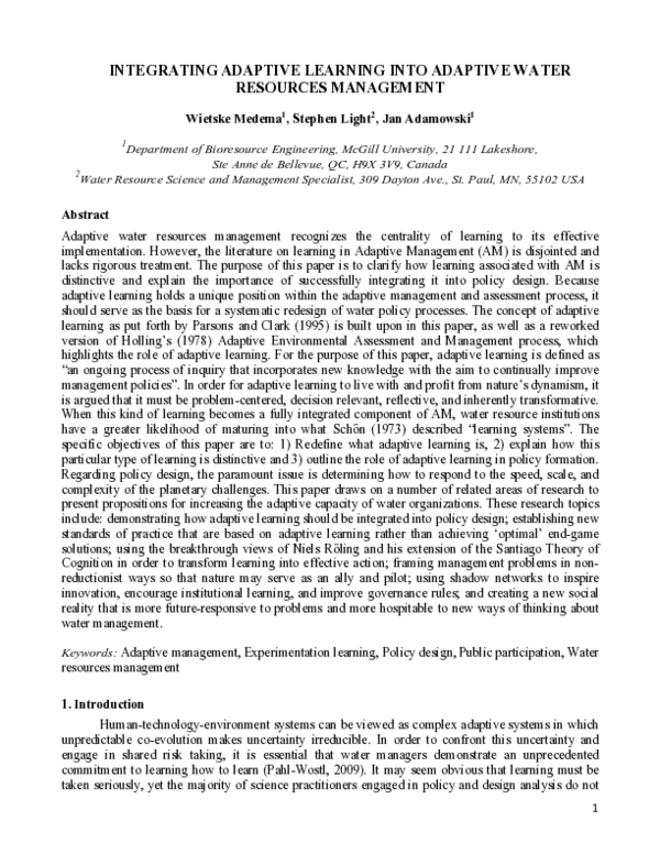 (PDF) Integrating Adaptive Learning Into Adaptive Water Resources ...