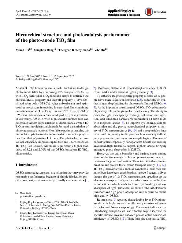 (PDF) Hierarchical structure and photocatalysis performance of the photo-anode TiO2 film