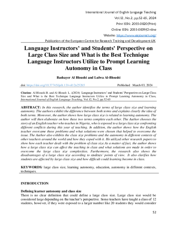 (PDF) Language Instructors’ and Students’ Perspective on Large Class Size and What is the Best ...