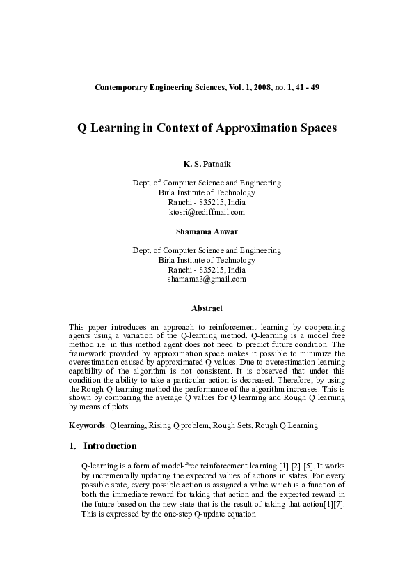 (PDF) Q Learning in Context of Approximation Spaces | K S patnaik - Academia.edu