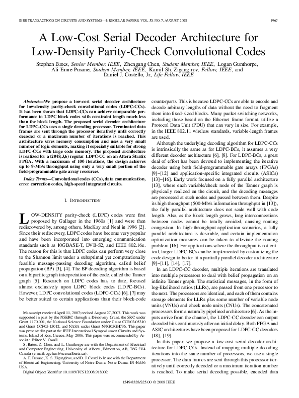Pdf A Low Cost Serial Decoder Architecture For Low Density Parity Check Convolutional Codes