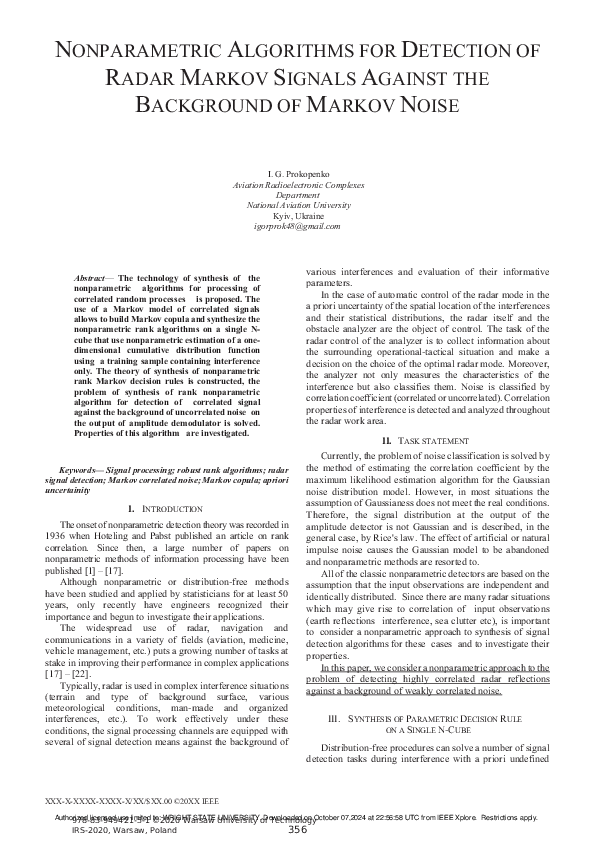 Pdf Nonparametric Algorithms For Detection Of Radar Markov Signals