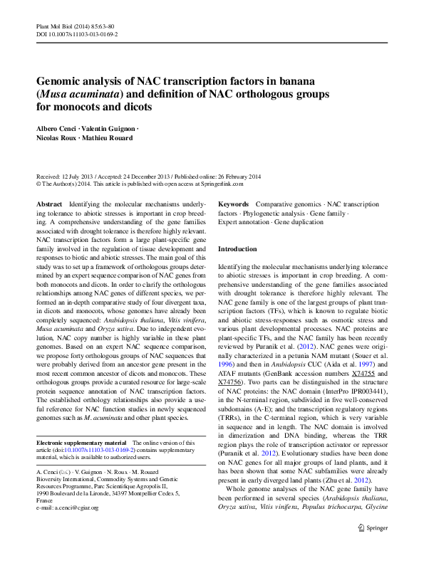 (PDF) Genomic analysis of NAC transcription factors in banana (Musa ...