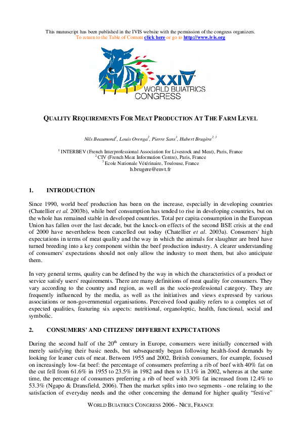 (PDF) Quality requirements for meat production at the farm level