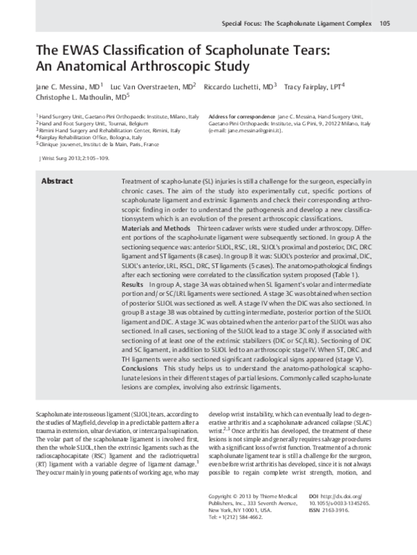 (PDF) The EWAS Classification of Scapholunate Tears: An Anatomical ...