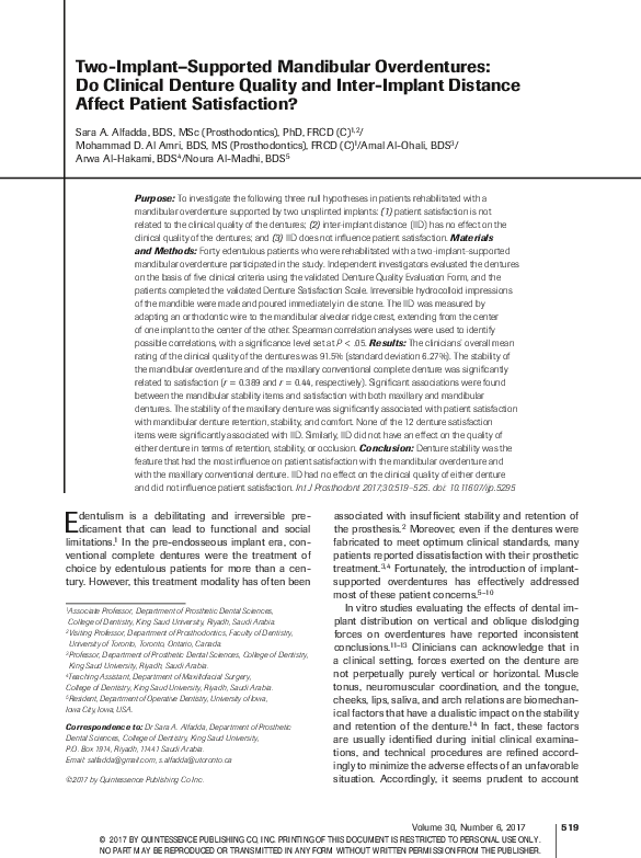 Pdf Two Implant Supported Mandibular Overdentures Do Clinical Denture Quality And Inter
