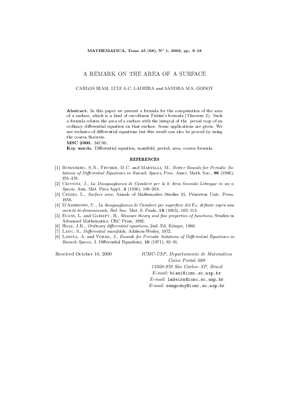 (PDF) A Remark on the Area of a Surface
