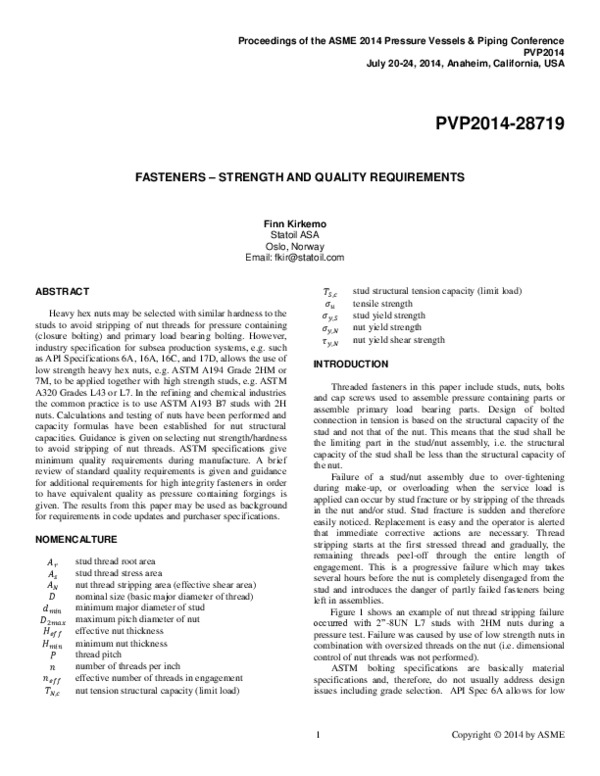 (PDF) Fasteners: Strength and Quality Requirements