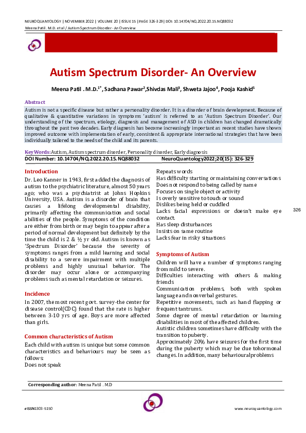 (PDF) Autism Spectrum Disorder-An Overview (PDF) Autism Spectrum Disorder-An Overview