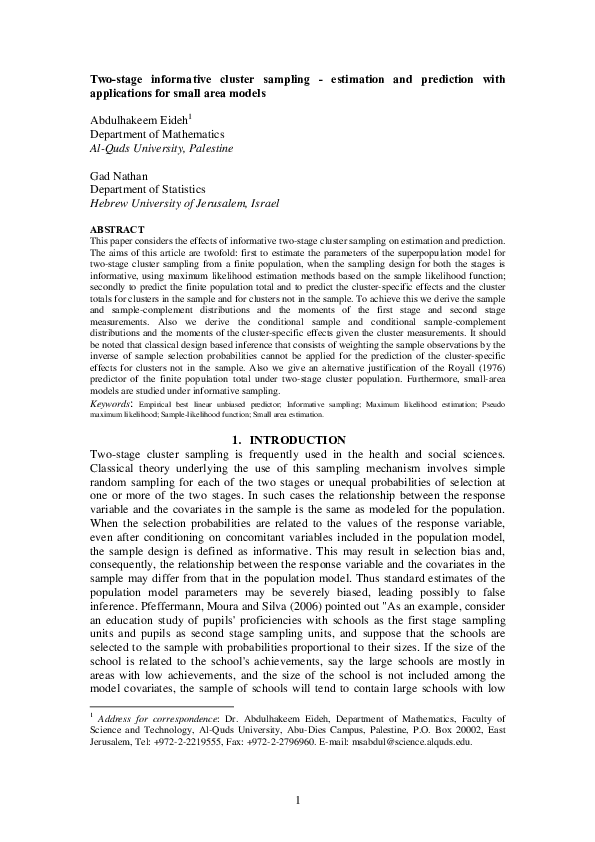 Pdf Two Stage Informative Cluster Sampling—estimation And Prediction With Applications For