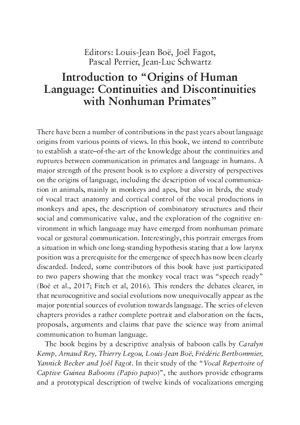 (PDF) Introduction to "Origins of Human Language: Continuities and ...