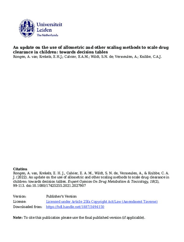 (PDF) An Update on the Use of Allometric and Other Scaling Methods to ...