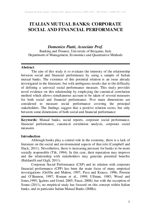 (PDF) Italian mutual banks: corporate social and financial performance