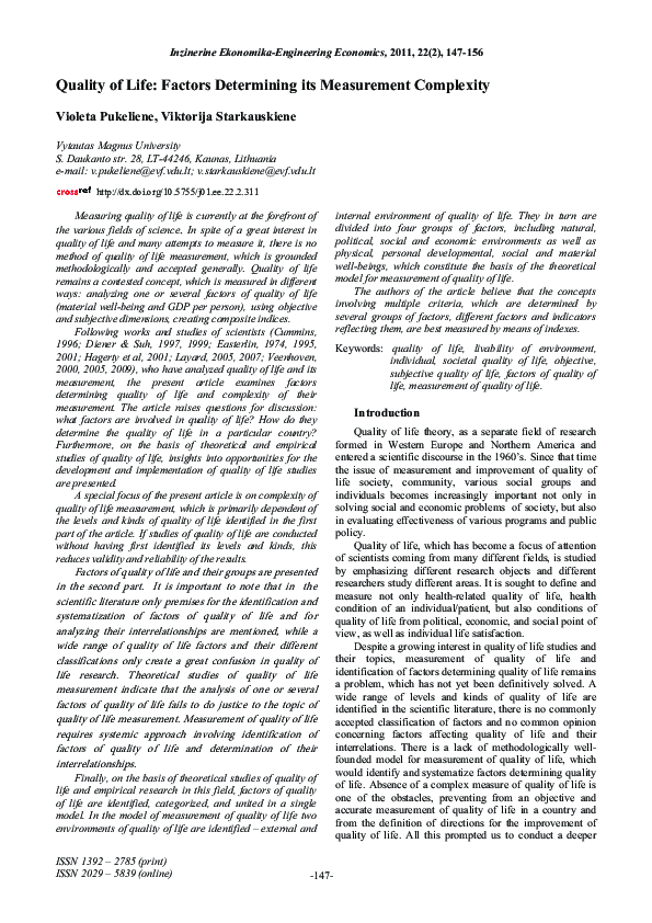 (PDF) Quality of Life: Factors Determining its Measurement Complexity