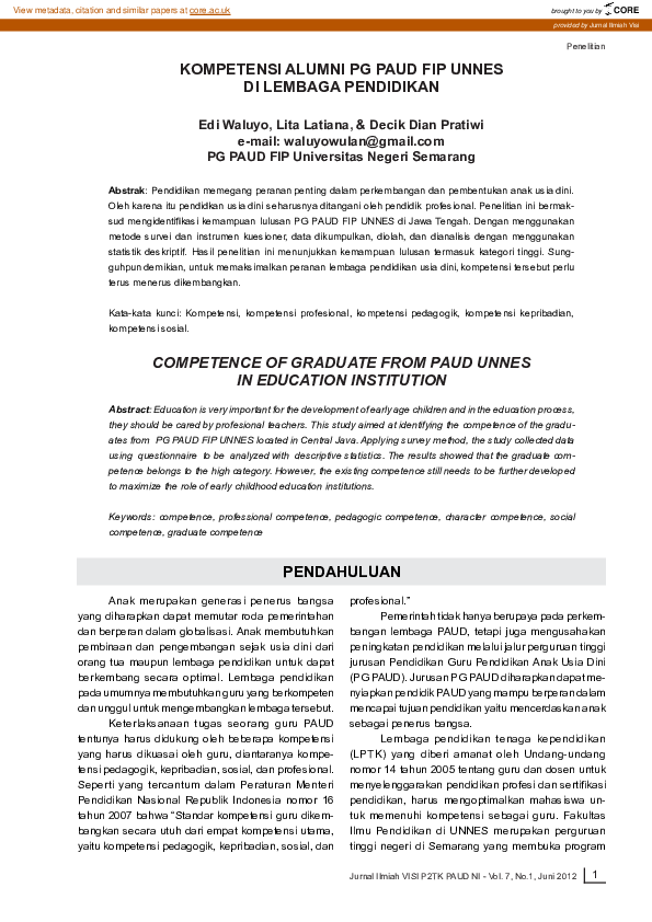 (PDF) Kompetensi Alumni Pg Paud Fip Unnes di Lembaga Pendidikan