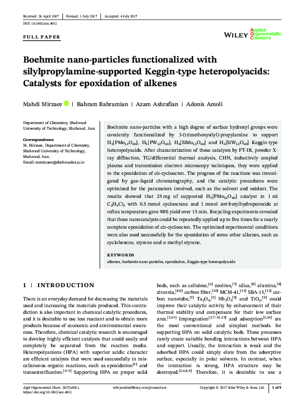 (PDF) Boehmite nano‐particles functionalized with silylpropylamine ...