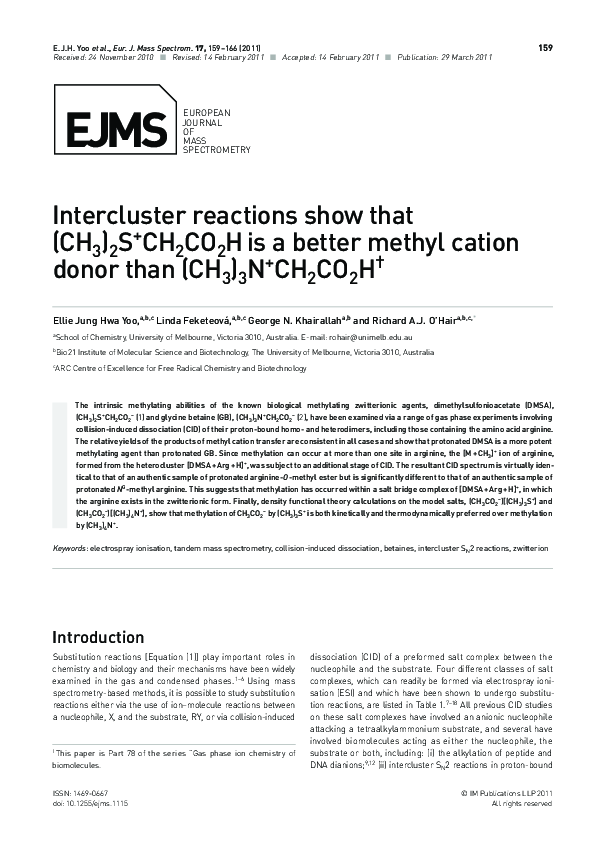 (PDF) Intercluster Reactions Show That (CH3)2S+CH2CO2H is a Better ...
