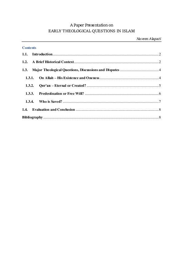 (PDF) Early Theological Questions in Islam