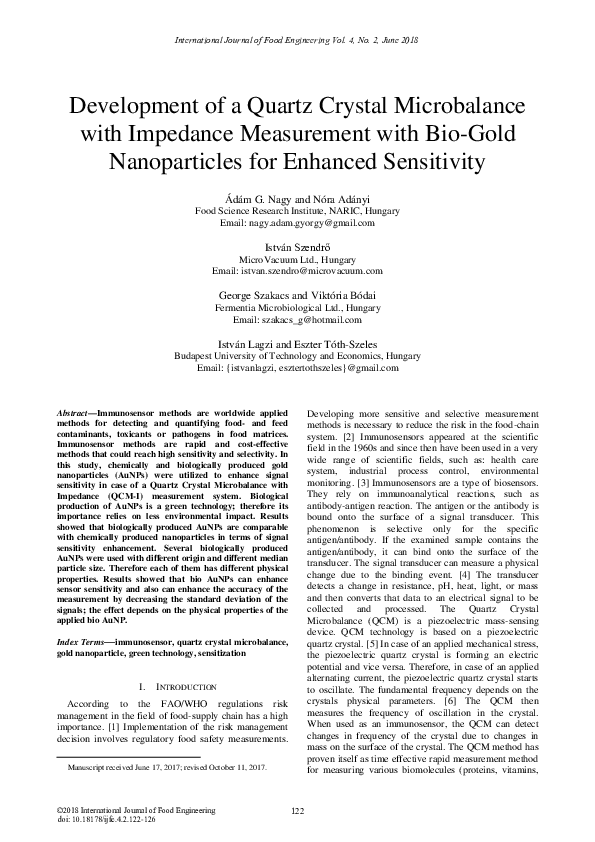 (PDF) Development of a Quartz Crystal Microbalance with Impedance Measurement with Bio-Gold ...