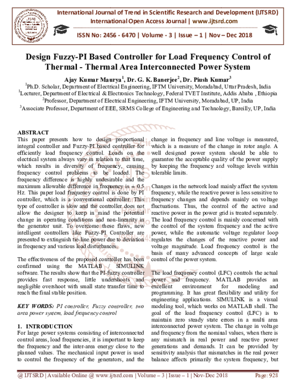 (PDF) Design Fuzzy-PI Based Controller for Load Frequency Control of Thermal - Thermal Area ...