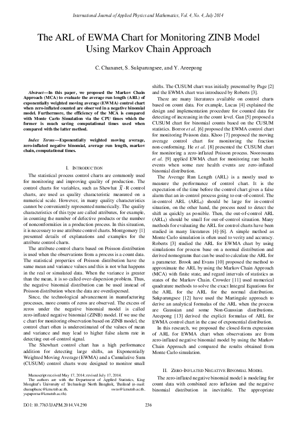 (PDF) The ARL of EWMA Chart for Monitoring ZINB Model Using Markov Chain Approach | Chanaphun ...