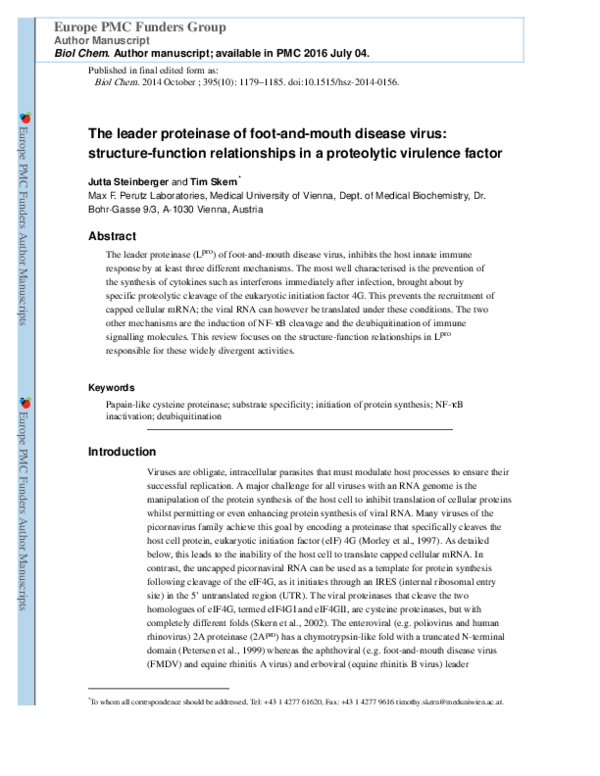 (PDF) The leader proteinase of foot-and-mouth disease virus: structure ...