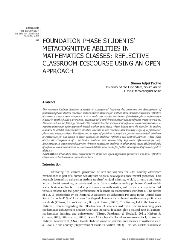 (PDF) Metacognition in Foundation Phase Math Classes