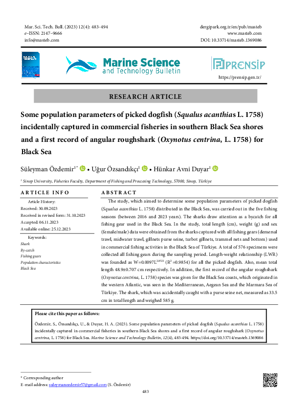 (PDF) Some Population Parameters of Picked Dogfish (Squalus acanthias L ...