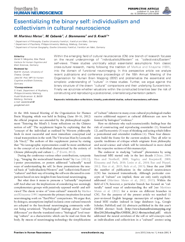 (PDF) Essentializing the binary self: individualism and collectivism in ...