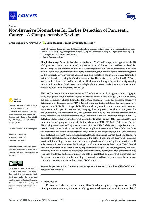 (PDF) Non-Invasive Biomarkers for Earlier Detection of Pancreatic ...