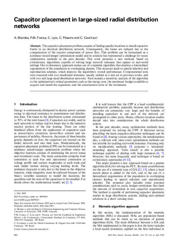 (PDF) Capacitor placement in large-sized radial distribution networks