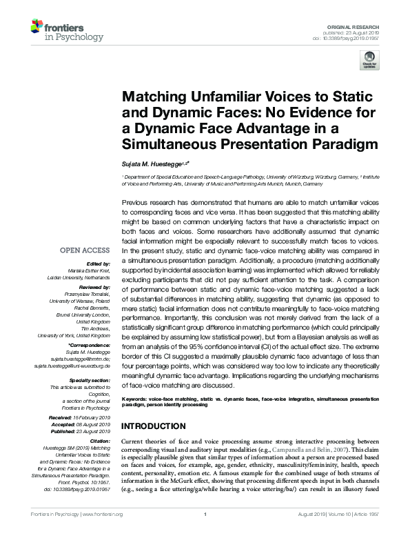(PDF) Matching Unfamiliar Voices to Static and Dynamic Faces: No ...