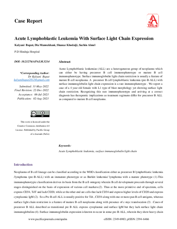 (PDF) Acute Lymphoblastic Leukemia With Surface Light Chain Expression | Shanaz Khodaiji ...