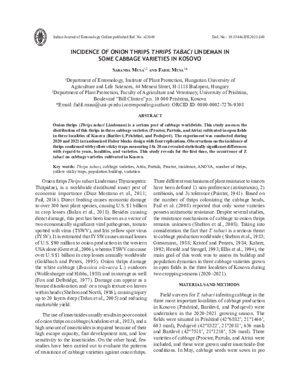 (PDF) Incidence of Onion Thrips Thrips Tabaci Lindeman in Some Cabbage ...