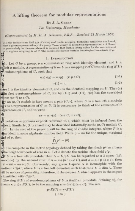 (PDF) A lifting theorem for modular representations | James Green - Academia.edu