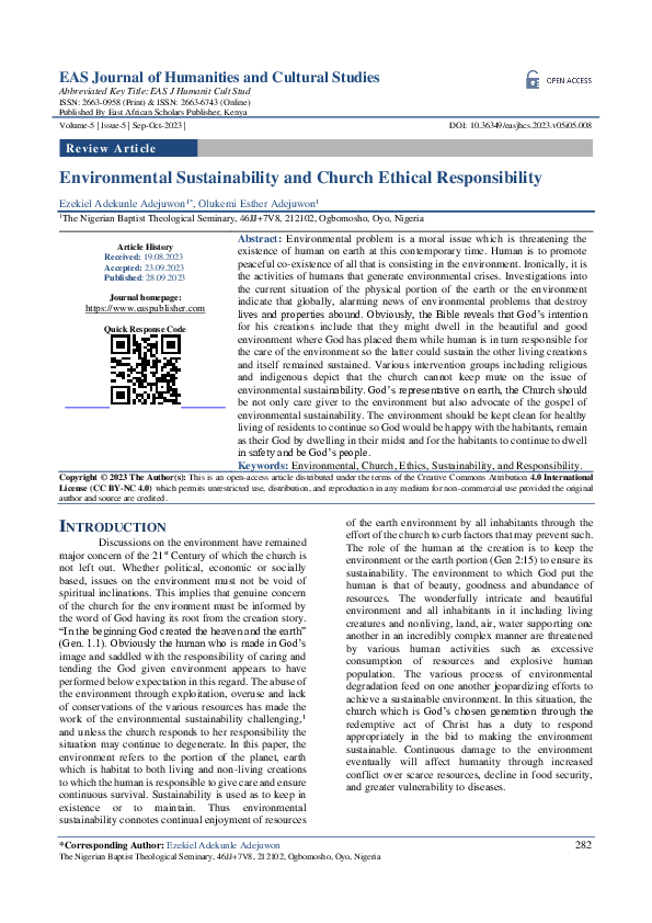 (PDF) Environmental Sustainability and Church Ethical Responsibility