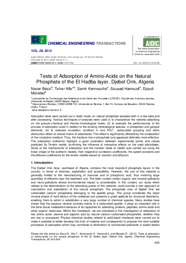 (PDF) Tests of Adsorption of Amino-acids on the Natural Phosphate of ...