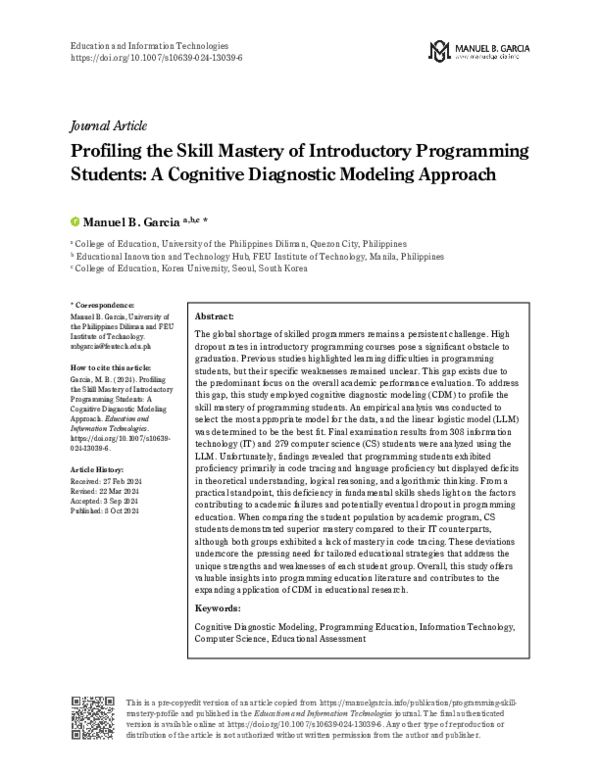 (PDF) Profiling the Skill Mastery of Introductory Programming Students: A Cognitive Diagnostic ...