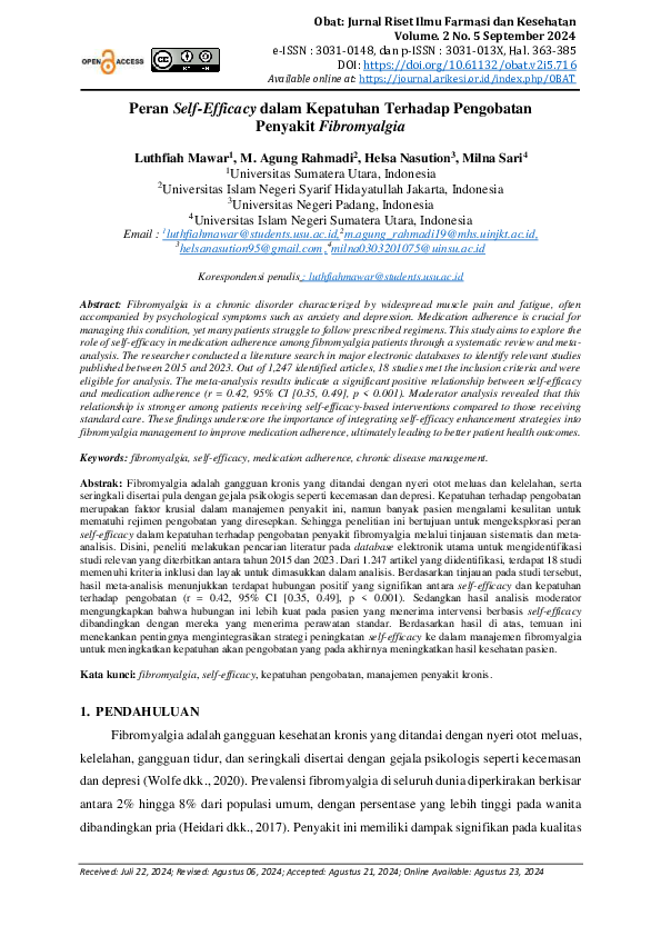 (PDF) Peran Self-Efficacy dalam Kepatuhan Terhadap Pengobatan Penyakit Fibromyalgia