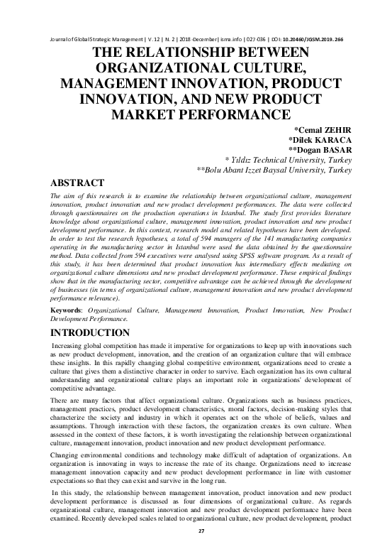 (PDF) The Relationship Between Organizational Culture, Management Innovation, Product Innovation ...